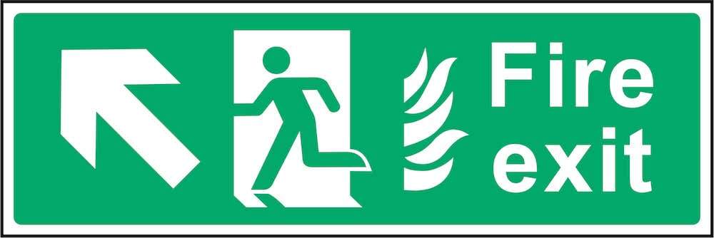 Fire Exit Sign: Forward, Left Arrow (Flames) | GQ Signs Ltd